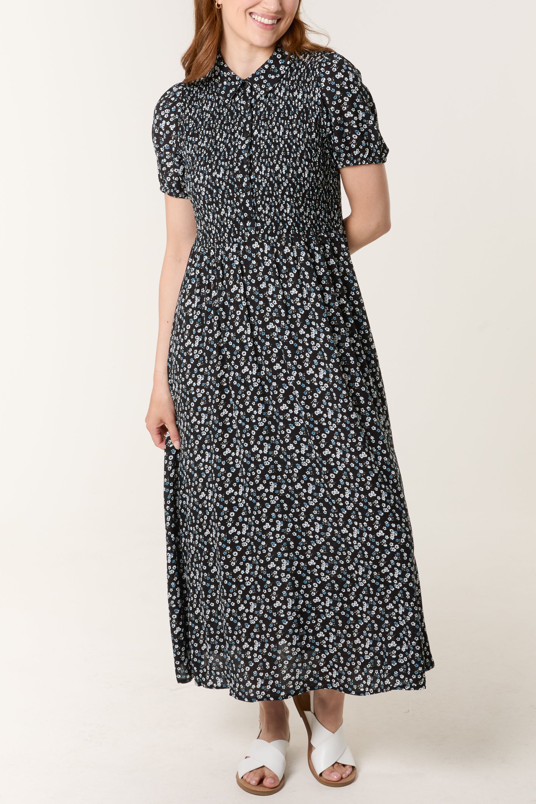 Ditsy Floral Shirred Button Collar Dress
